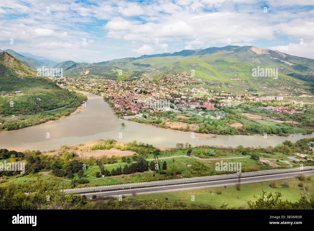 Scenic aerial view of Mtskheta town, the confluence of Aragvi and Kura ...