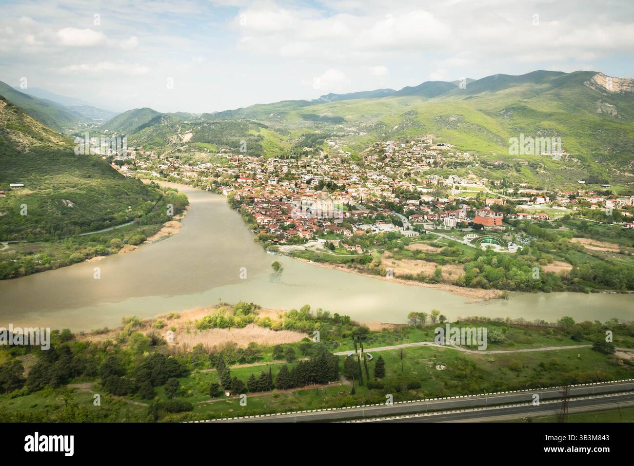 Scenic aerial view of Mtskheta town, the confluence of Aragvi and Kura ...