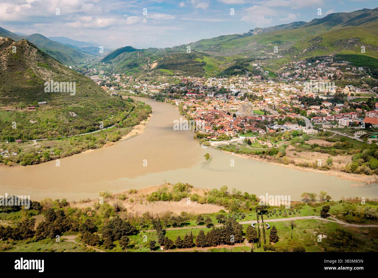 Scenic aerial view of Mtskheta town, the confluence of Aragvi and Kura ...