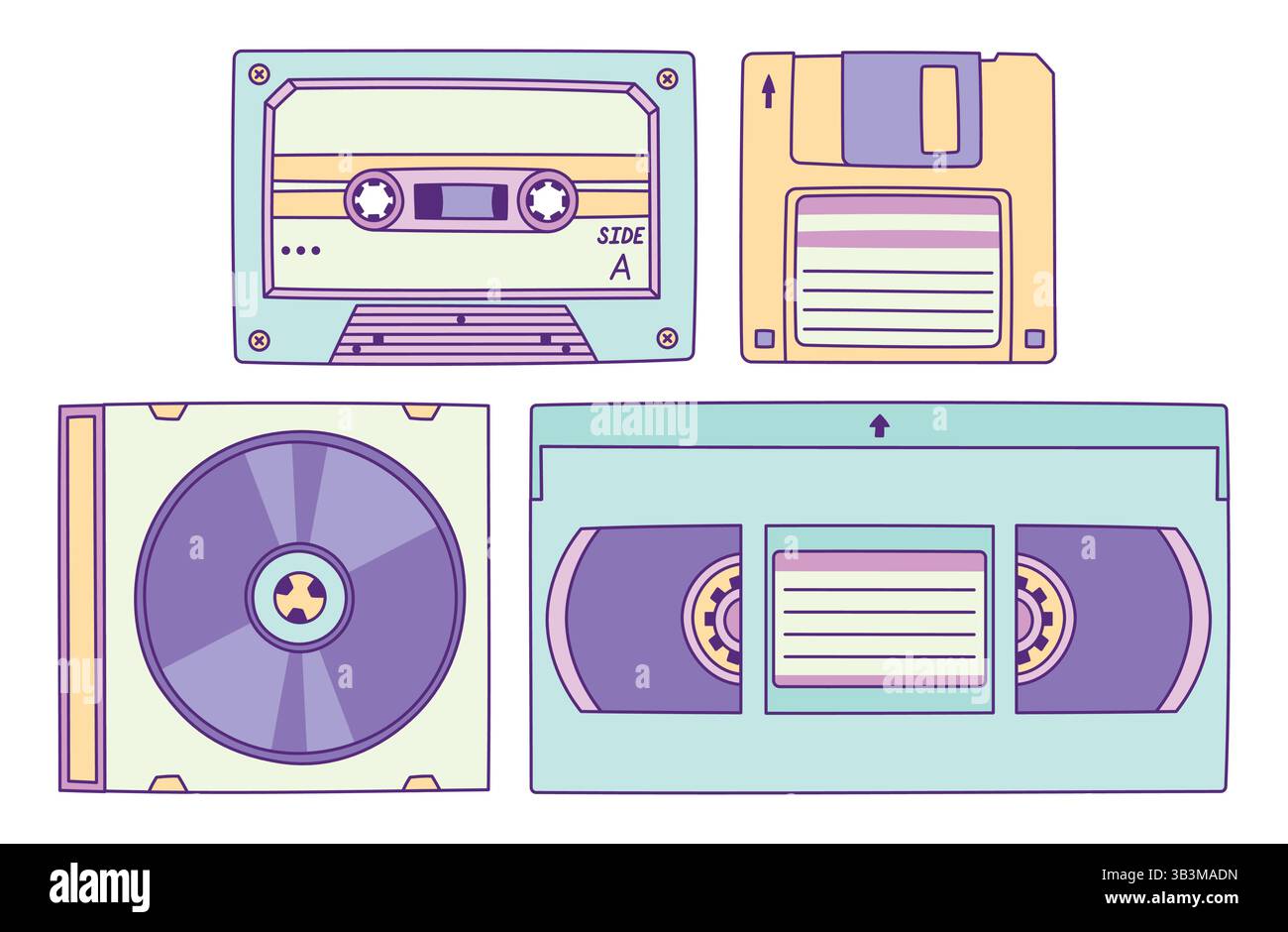 Set of Nostalgic Data Storage Devices. Cassette Tape, Floppy Disk, Compact Disc and VHS Tape in ...