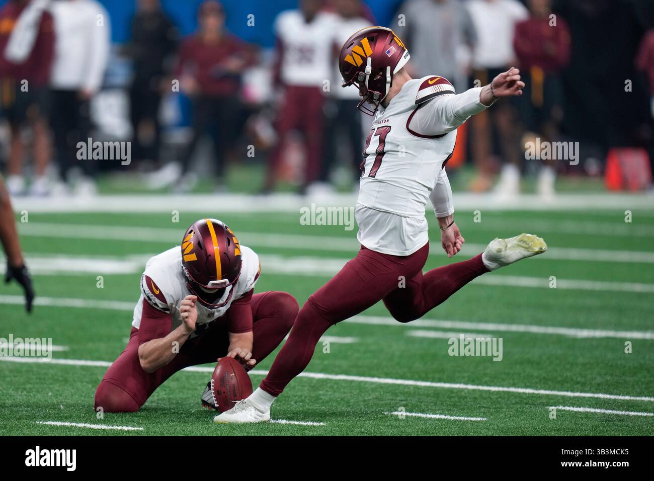 FILE - Washington Commanders place-kicker Zane Gonzalez (47) kicks a 47 ...