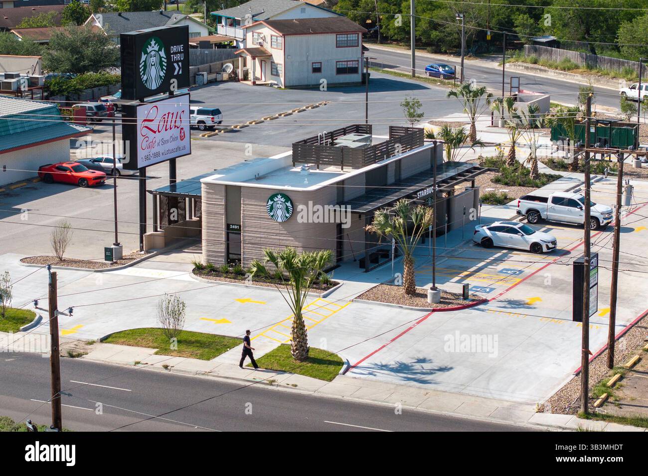 An aerial view shows a 3D printed Starbucks building Monday, April 28 ...