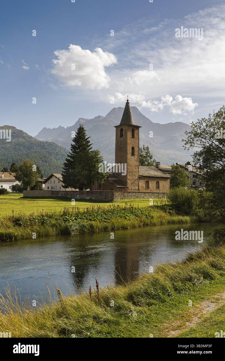 San Lurench church in Sils in the traditional Engadin village Swiss ...