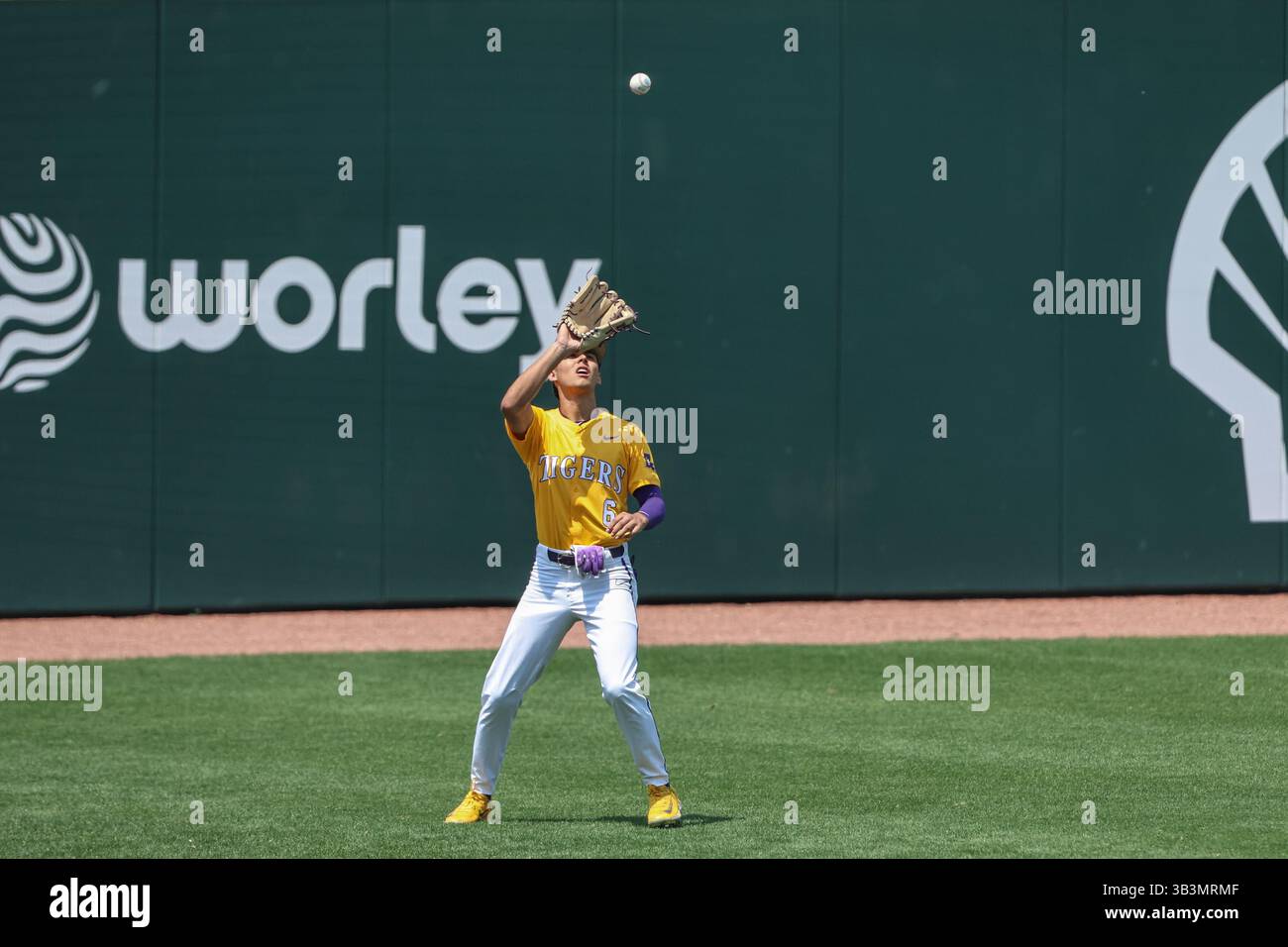 Baton Rouge, LA, USA. 27th Apr, 2025. LSU outfielder Derek Curiel (6 ...