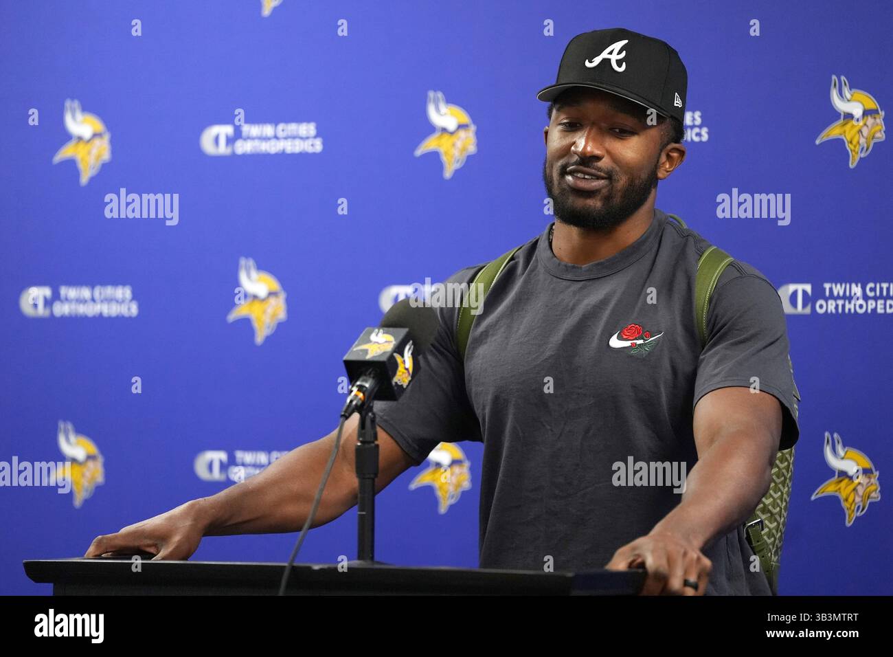 Minnesota Vikings linebacker Jonathan Greenard (58) answers questions ...