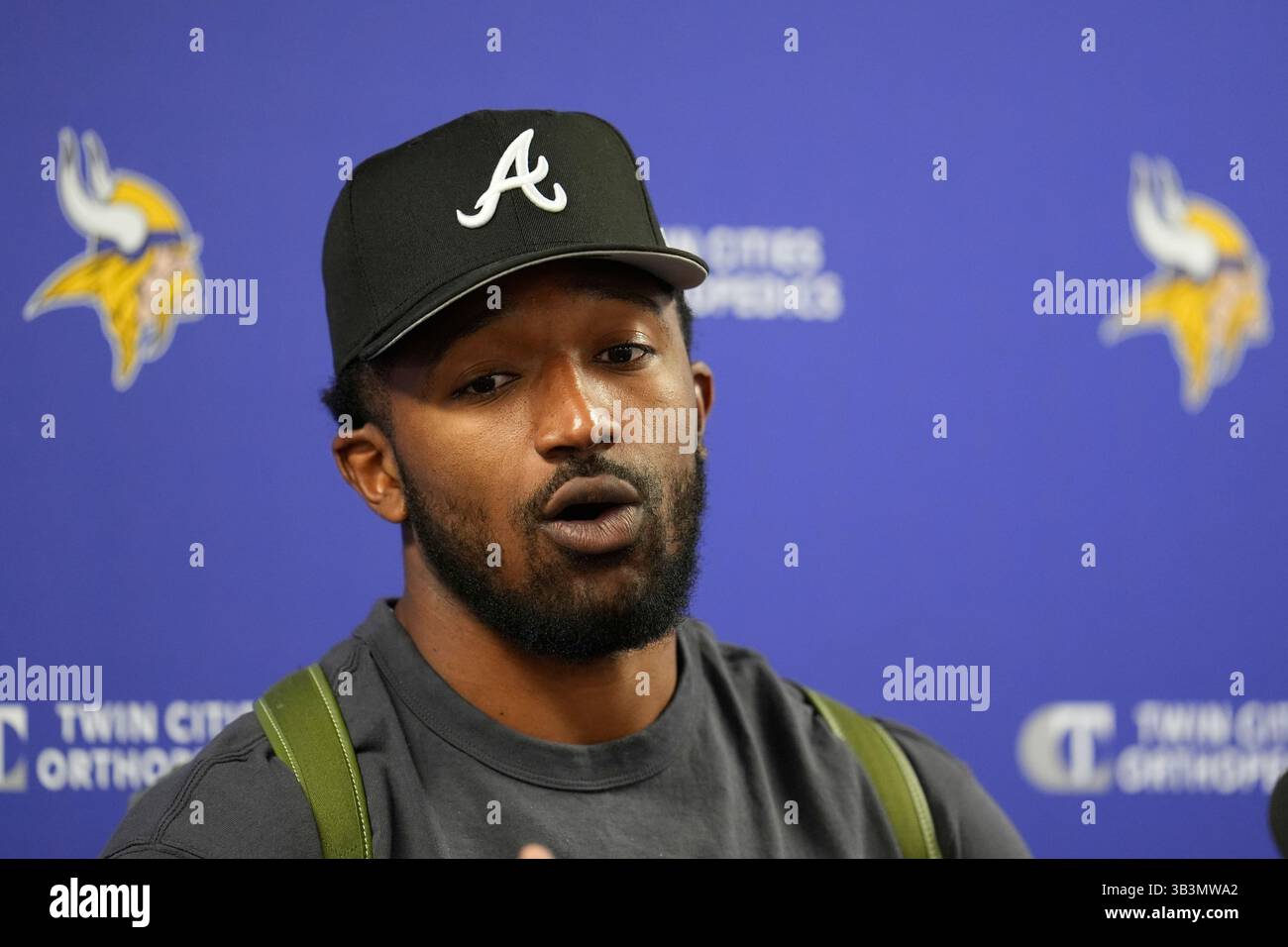 Minnesota Vikings linebacker Jonathan Greenard (58) answers questions ...