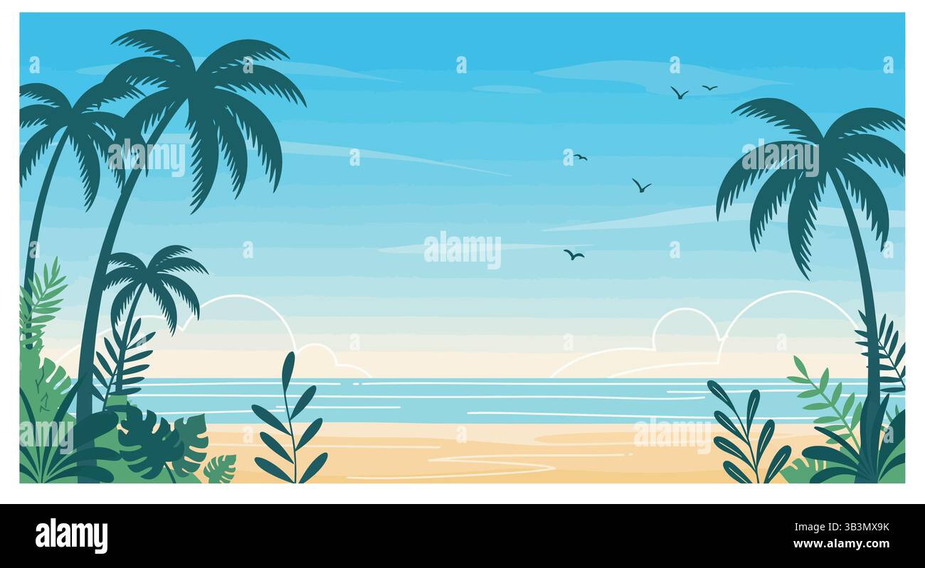 Tropical Sunset Landscape – Palm Trees by the Ocean with Vibrant Sky, Coastal Scenery, and ...