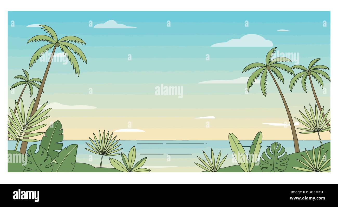 Tropical Sunset Landscape – Palm Trees by the Ocean with Vibrant Sky, Coastal Scenery, and ...