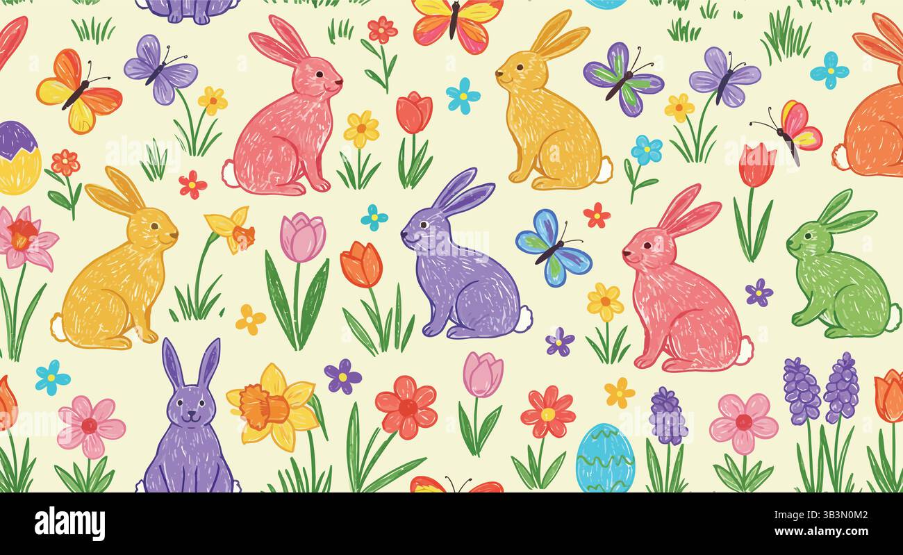 Whimsical Animal and Nature Pattern – Hand-Drawn Rabbits, Butterflies ...