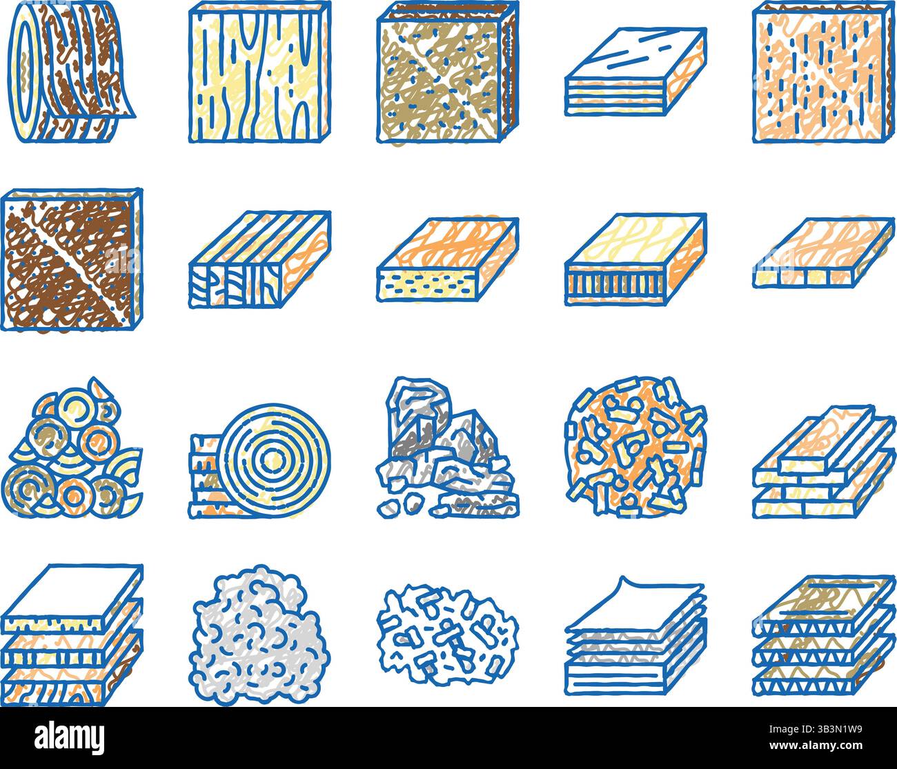 Timber Wood Industrial Production Icons hand drawn Stock Vector Image ...