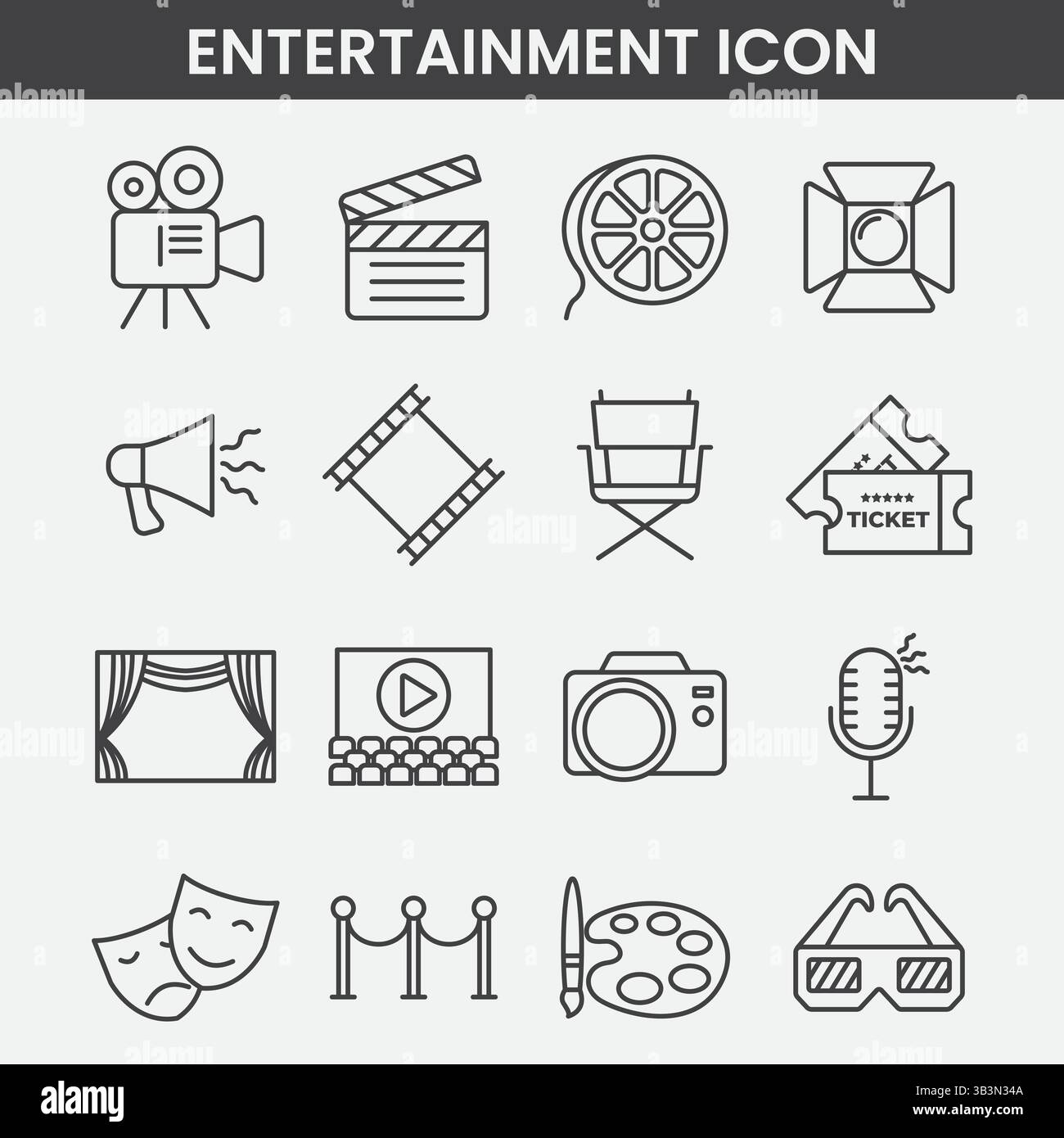 Minimalist Entertainment Icon Set with Film, Theater, and Media Symbols ...