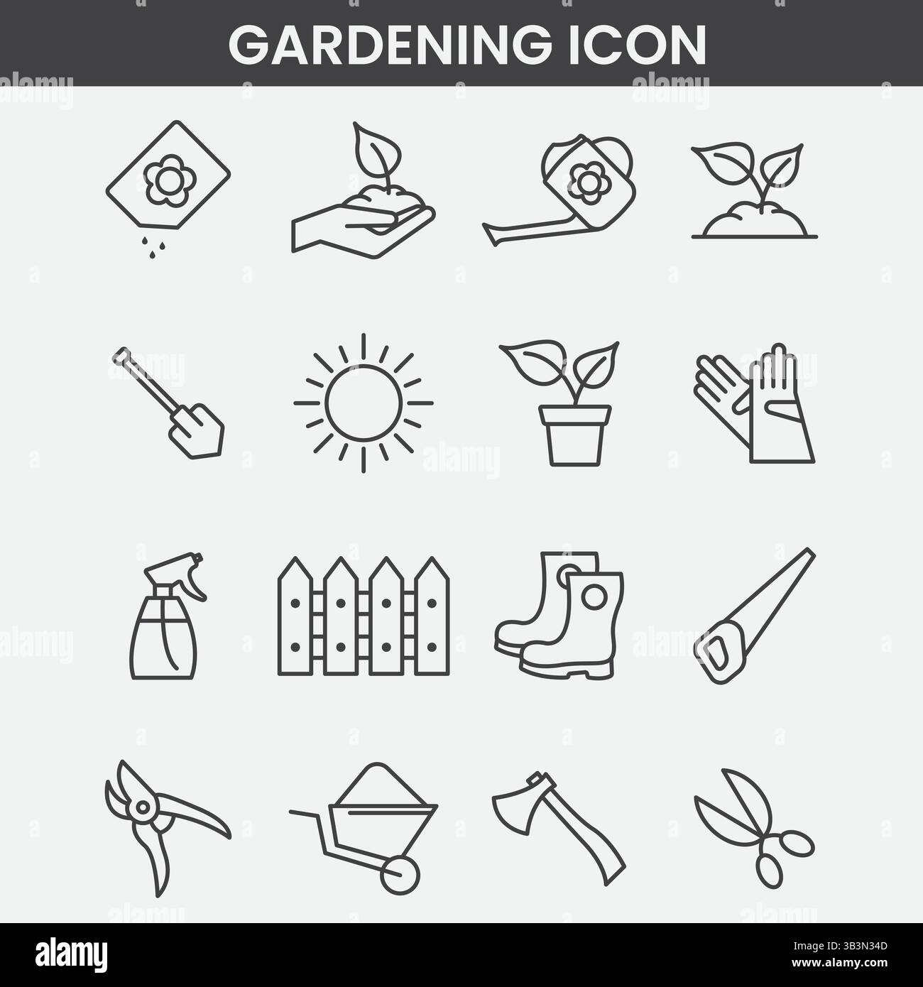 Minimalist Gardening Icon Set with Tools, Plants, and Nature Elements ...