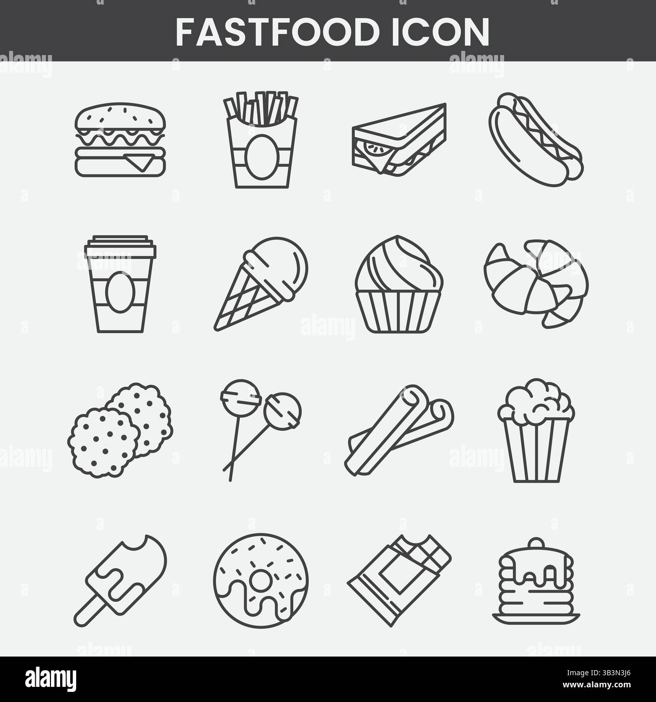 Fast Food Icon Set Featuring Burgers, Fries, Desserts, Snacks, and ...