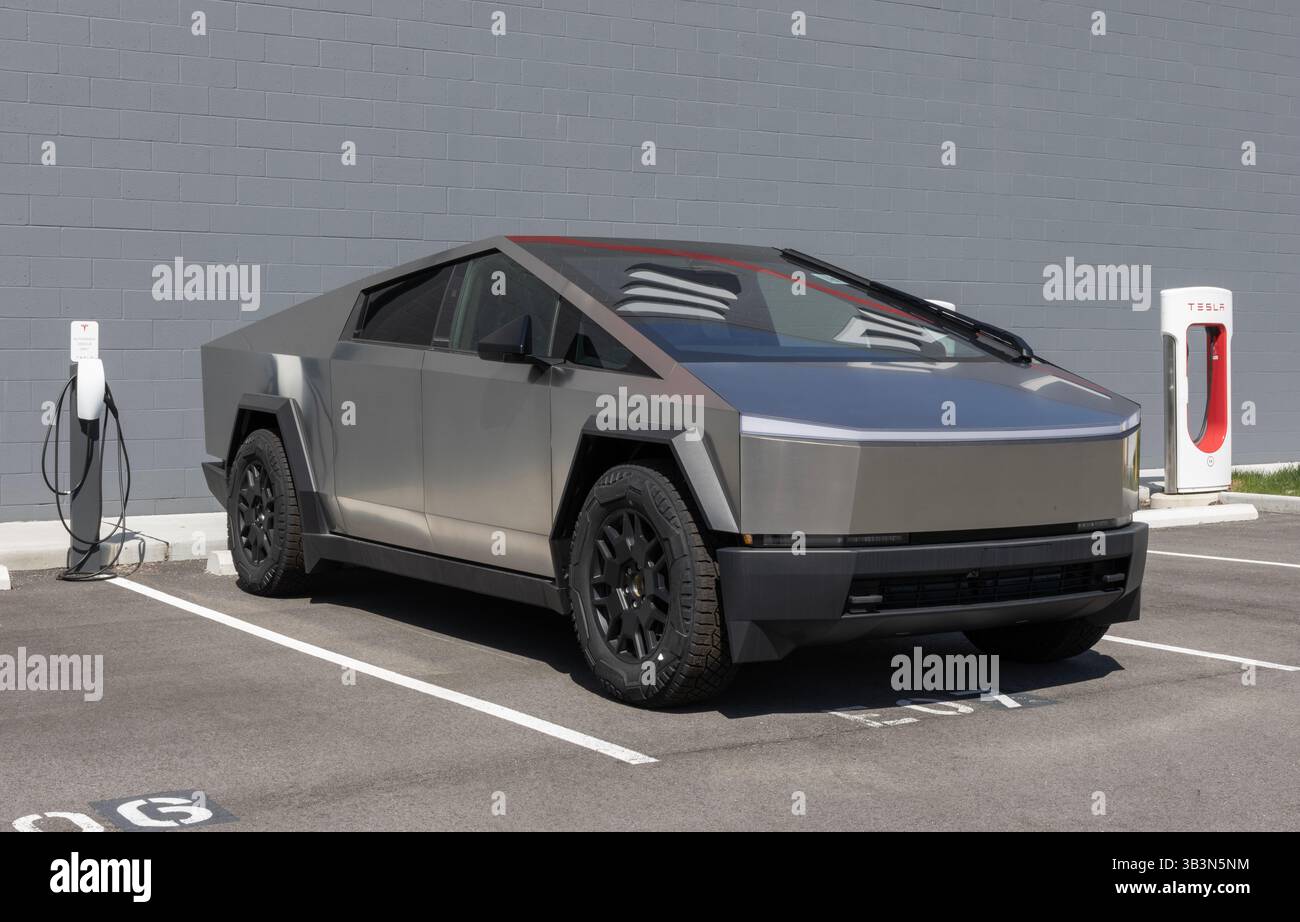 Indianapolis - April 27, 2025: Tesla Cybertruck display at a dealership ...