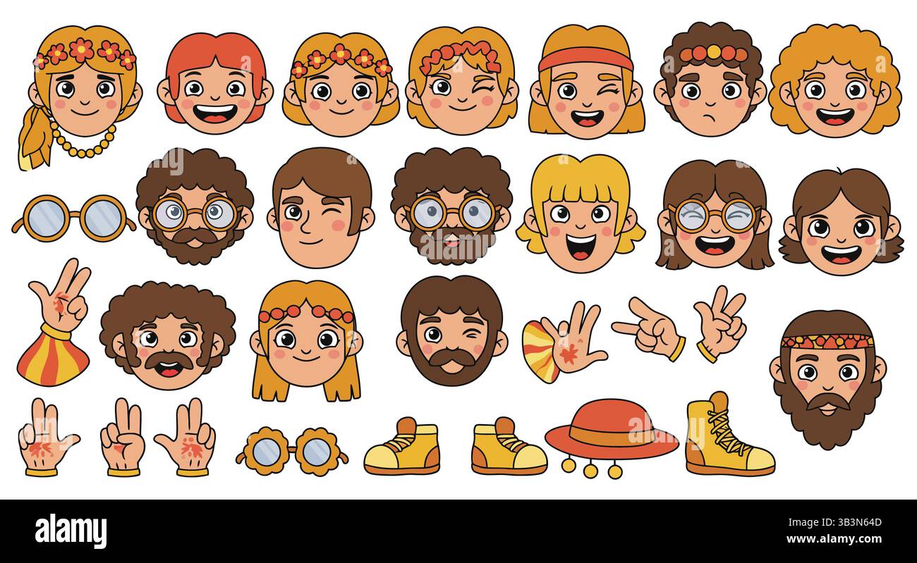 Cartoon-Style Character Set with Facial Expressions, Hairstyles ...