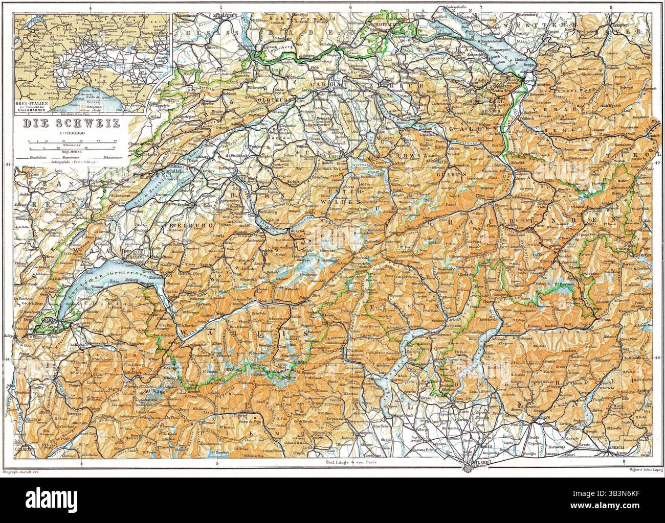 Map of Switzerland, published in a 1913 Baedeker travel guide Stock ...