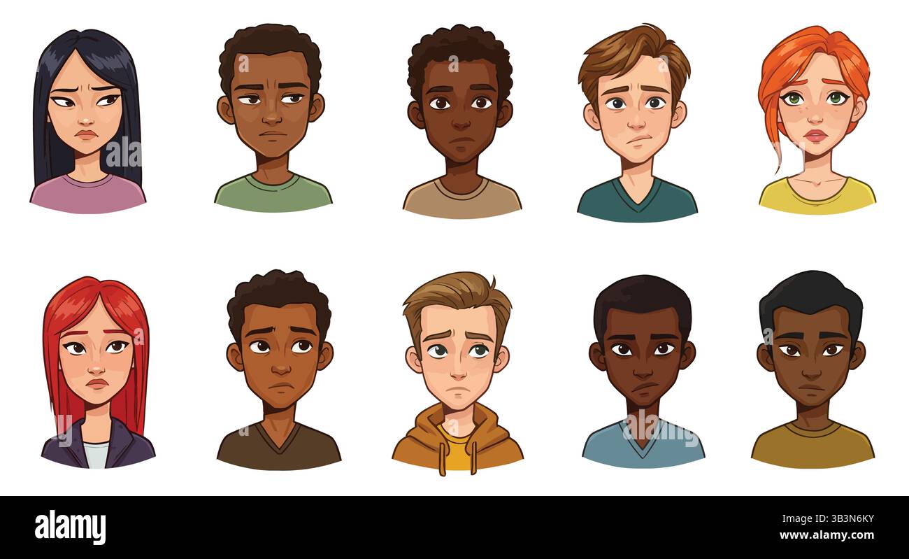 Cartoon-Style Character Set with Facial Expressions, Hairstyles ...