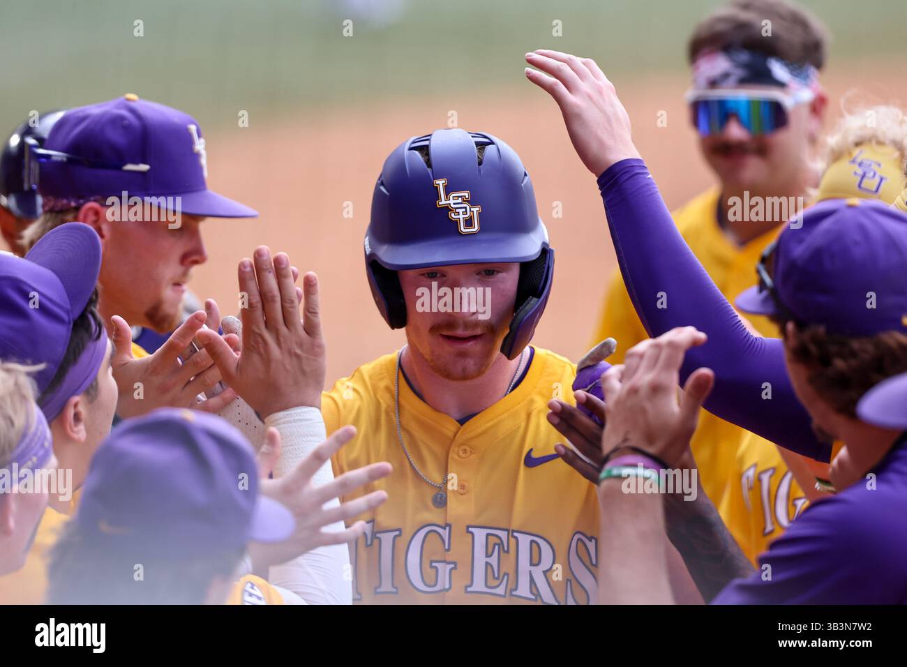 April 19, 2025: LSU's Jared Jones (22) celebrates after hitting a home ...