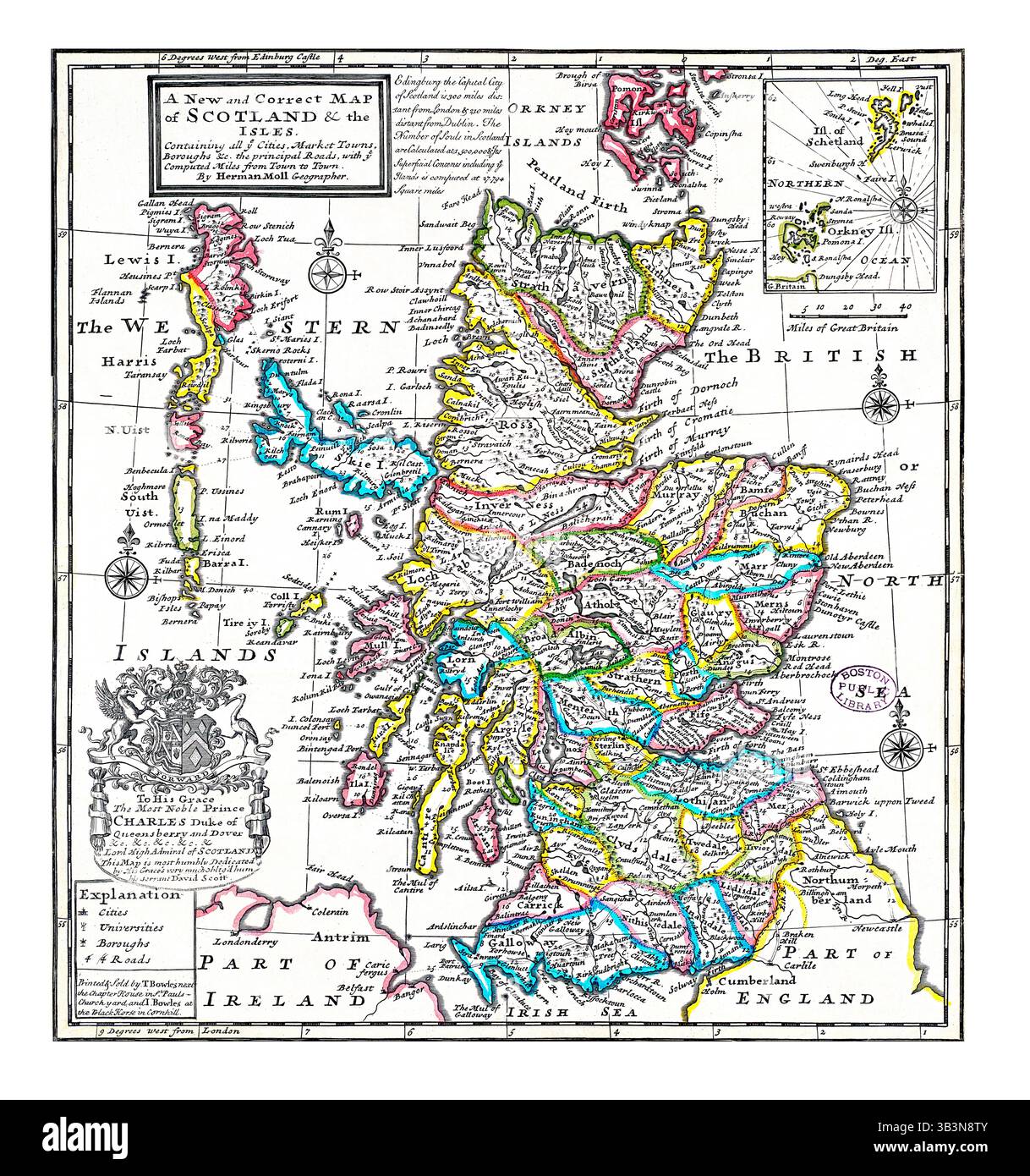 A detailed historical map of Scotland with colorful annotations ...