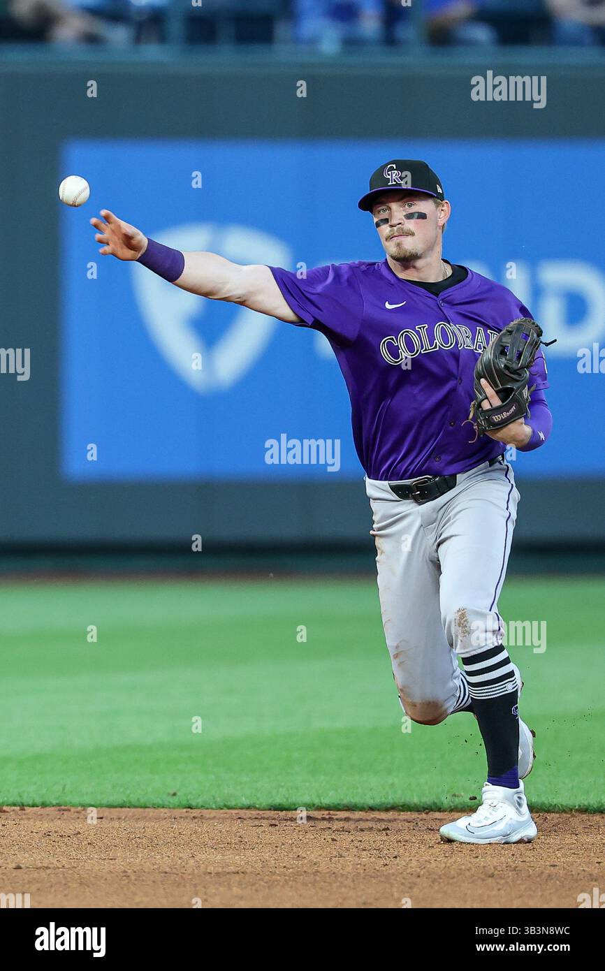 Kansas City, MO, USA. 22nd Apr, 2025. Colorado Rockies shortstop Aaron ...