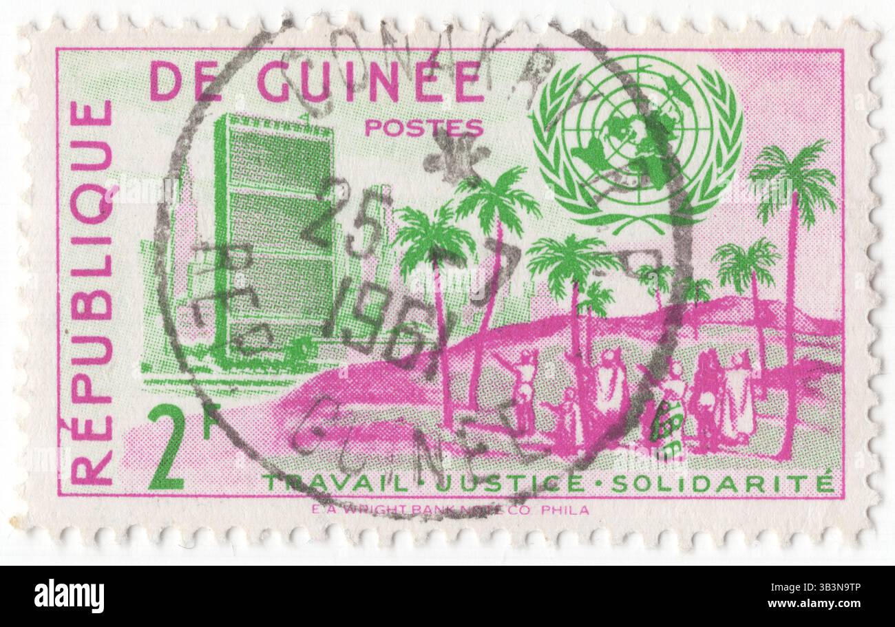 GUINEA - 1959 December 12: 2 franc red-lilac and emerald postage stamp ...
