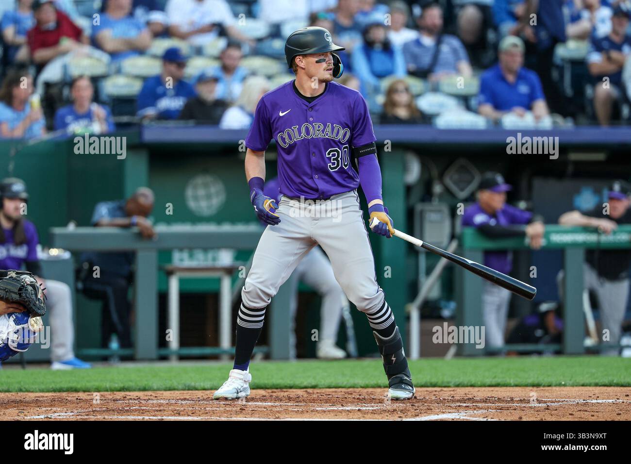 Kansas City, MO, USA. 22nd Apr, 2025. Colorado Rockies shortstop Aaron ...