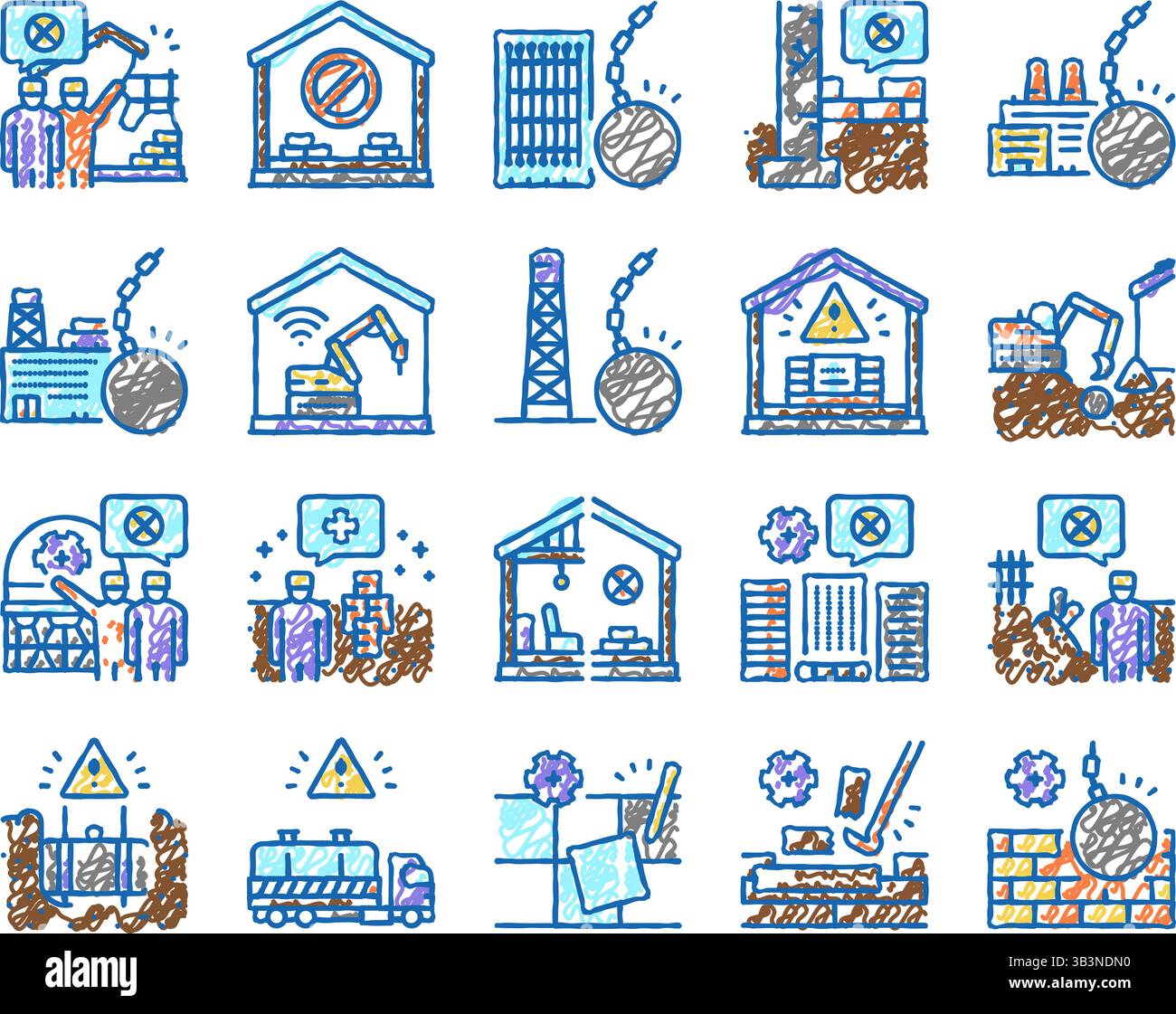 Dismantling Construction Process Icons hand drawn Stock Vector Image ...