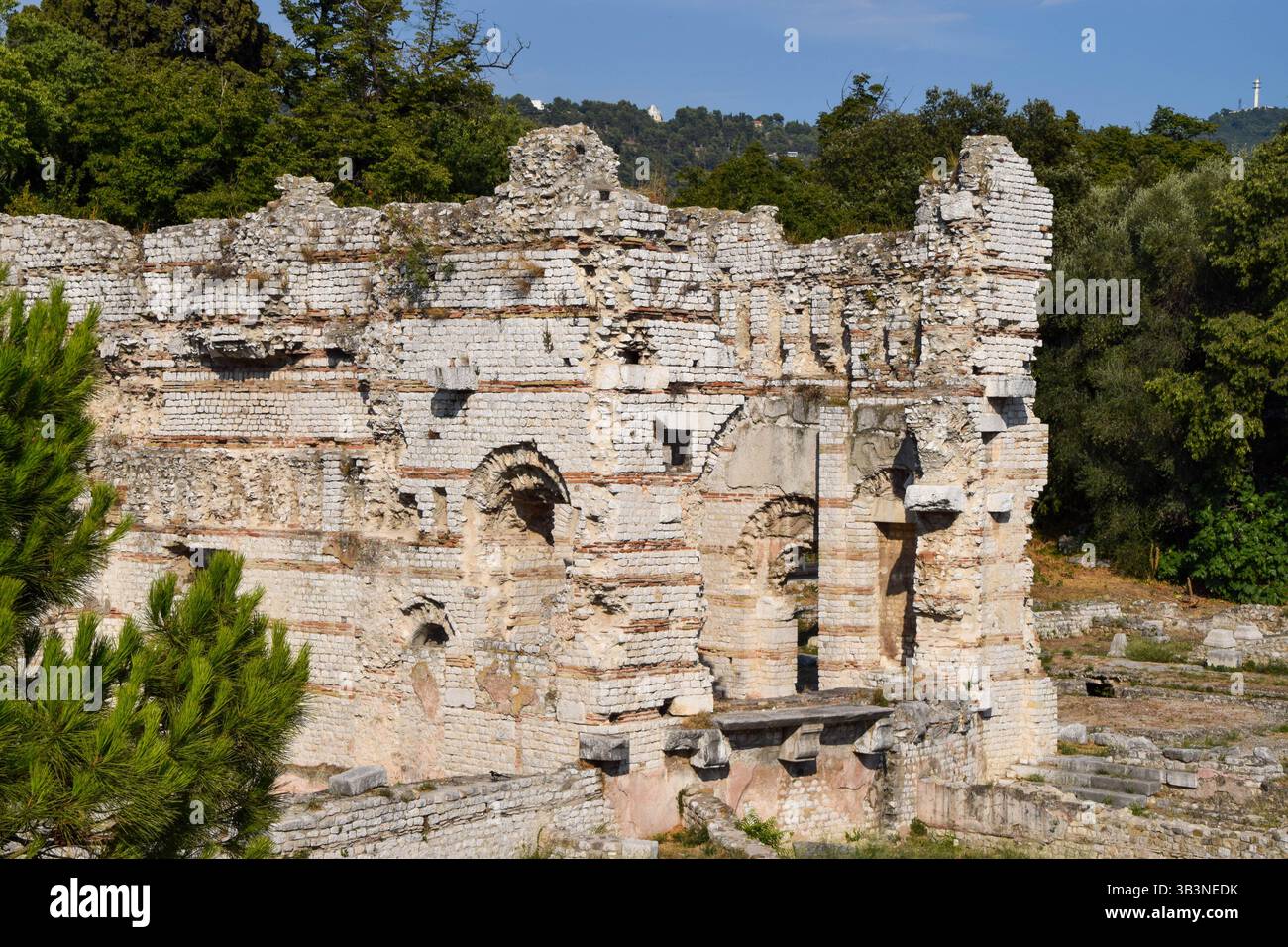 Nice, France, 2019: Ancient Roman baths ruins in Cimiez. Credit: Vuk ...