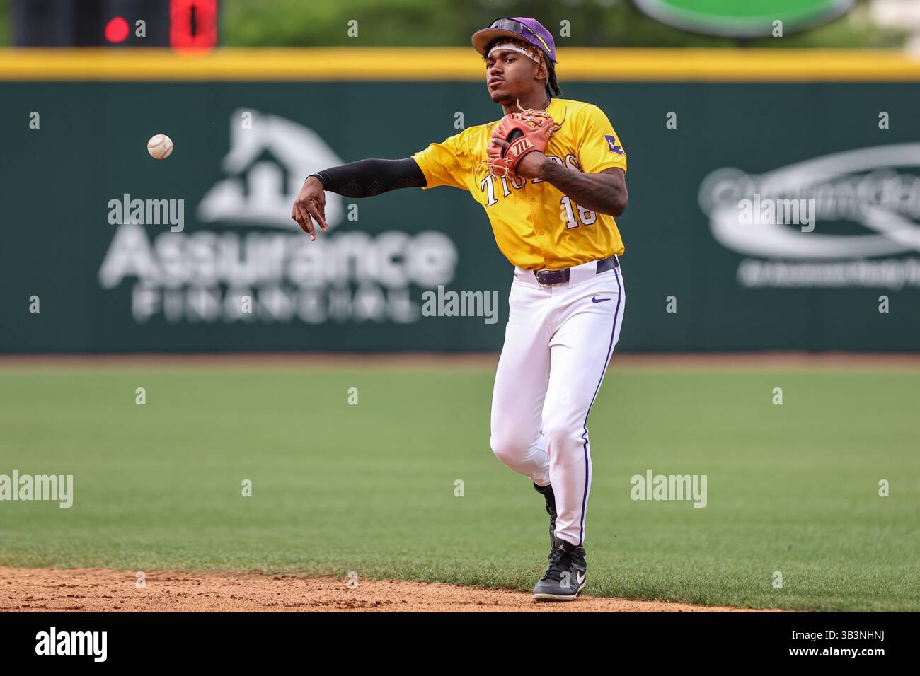 April 19, 2025: LSU's David Hogg II (18) makes a throw to first base ...