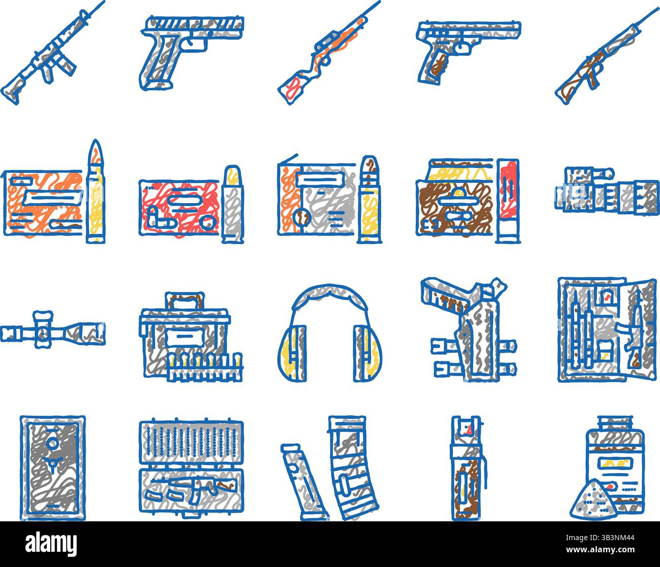 Shooting Weapon And Accessories Icons hand drawn Stock Vector Image ...