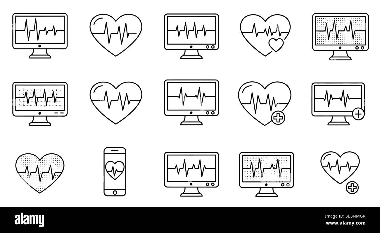 Heart Rate Monitoring Icons – Pulse, ECG, Cardio, Health, Vital Signs ...