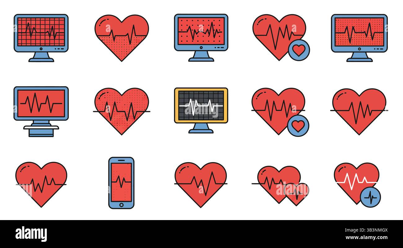 Heart Rate Monitoring Icons – Pulse, ECG, Cardio, Health, Vital Signs ...