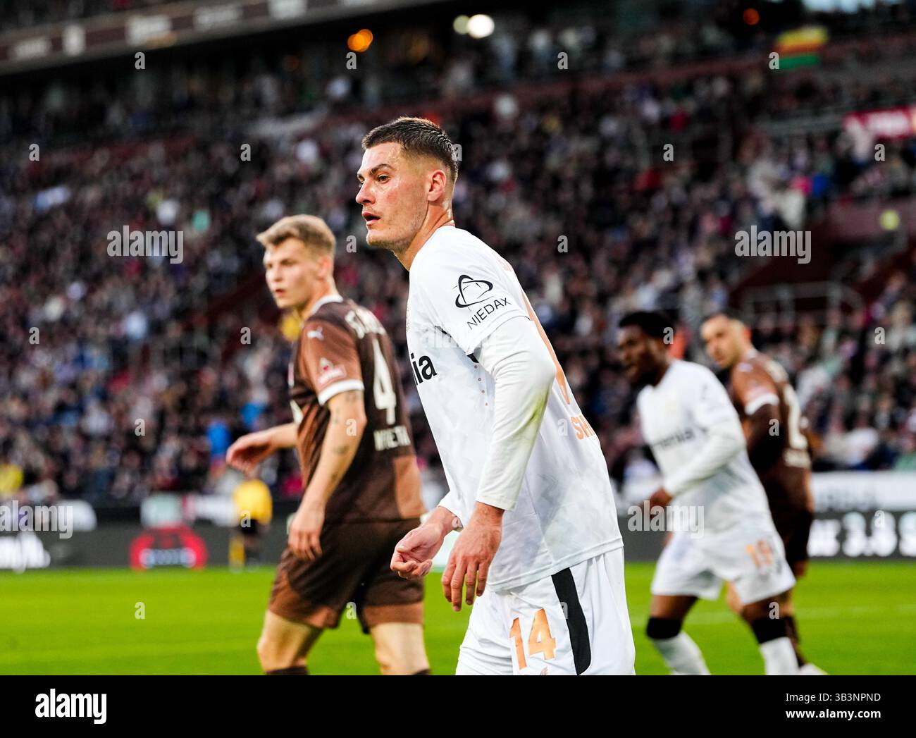 Millerntor, Hamburg, Germany. 20th Apr, 2025. Patrik Schick of Bayer 04 ...