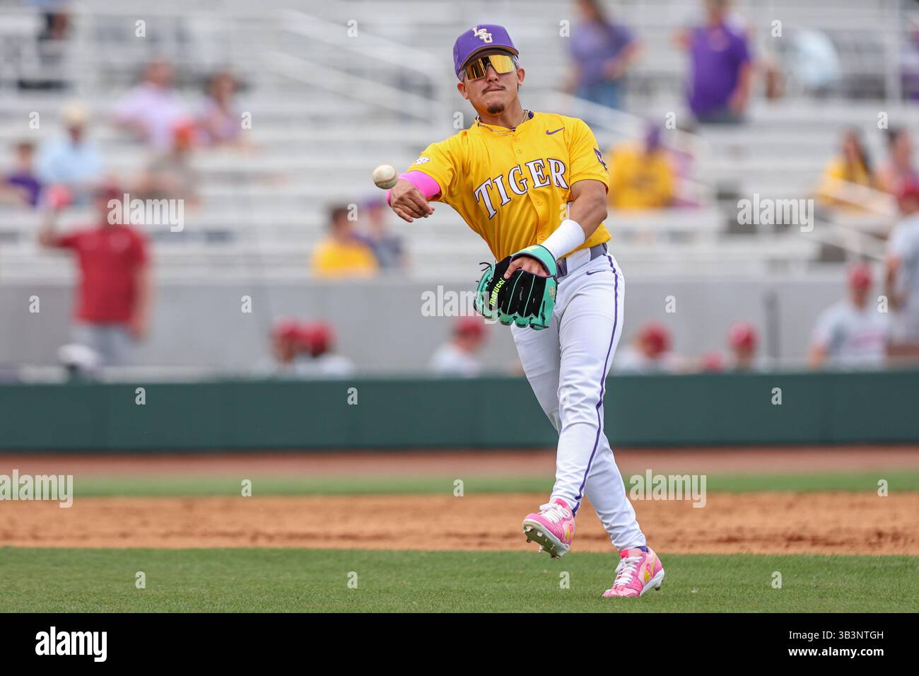 April 19, 2025: LSU shortstop Steven Milam (4) makes a throw to first ...