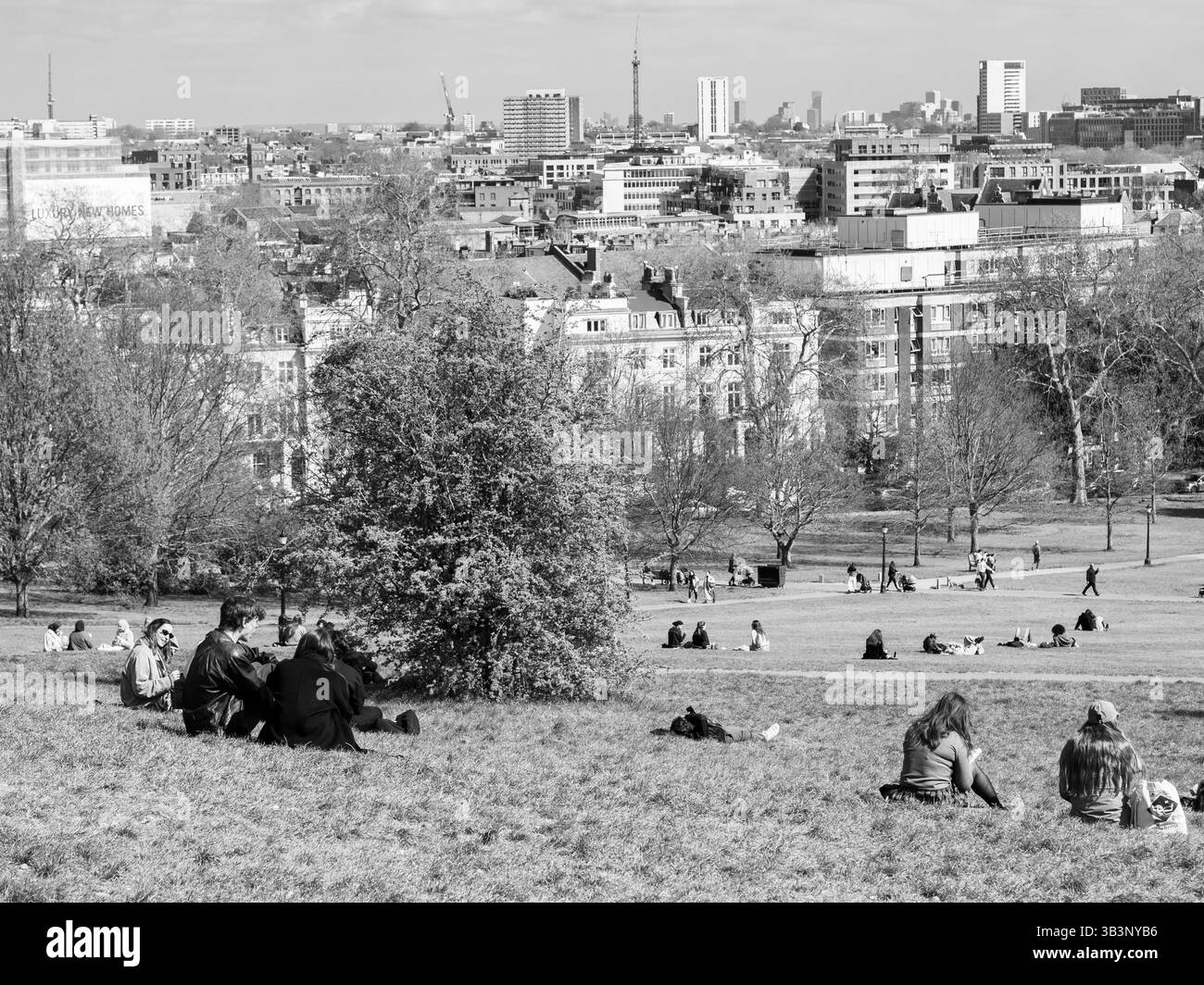 People Relaxing on Primrose Hill, with views of London and BT Tower ...