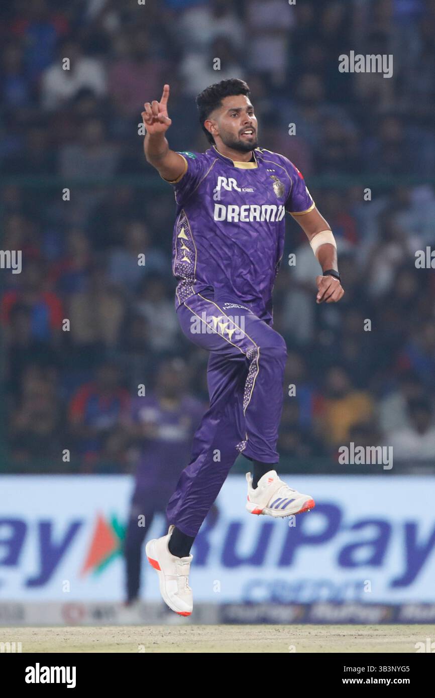 DELHI, INDIA - APRIL 29: Harshit Rana of Kolkata Knight Riders react ...