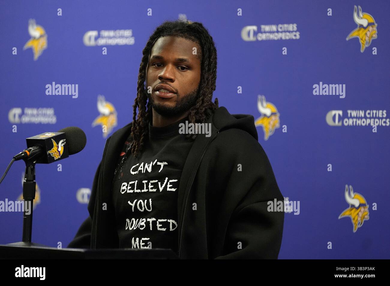 Minnesota Vikings safety Josh Metellus (44) answers questions during an ...