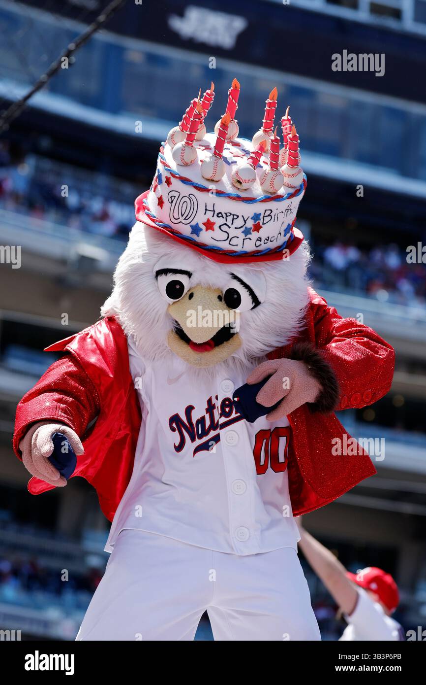 WASHINGTON, DC - APRIL 27: Washington Nationals mascot Screech wears a ...
