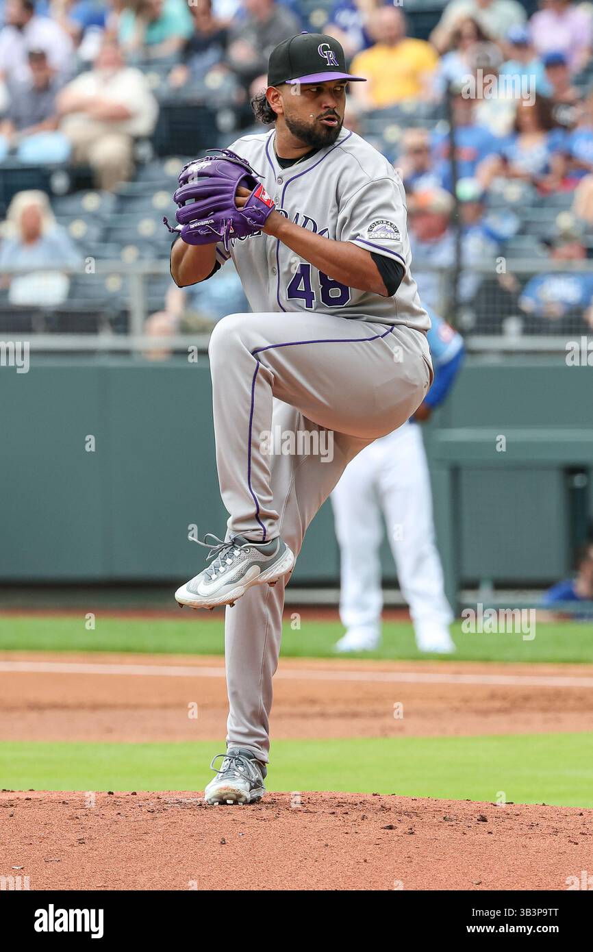 Kansas City, MO, USA. 24th Apr, 2025. Colorado Rockies starting pitcher ...