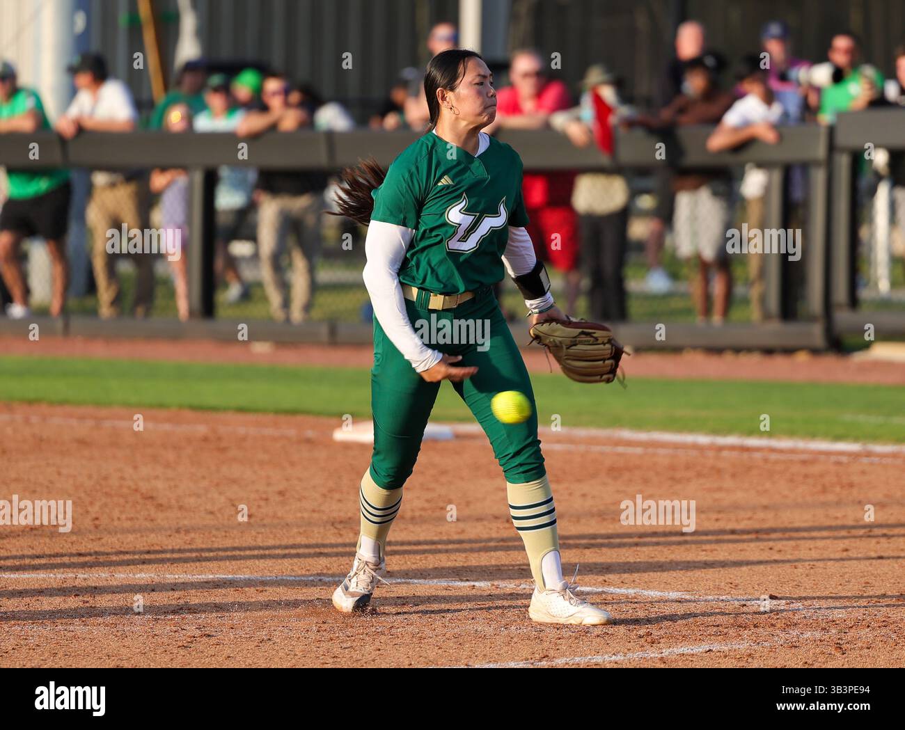 April 25, 2025: University of South Florida Belle Sardja (20) pitches ...