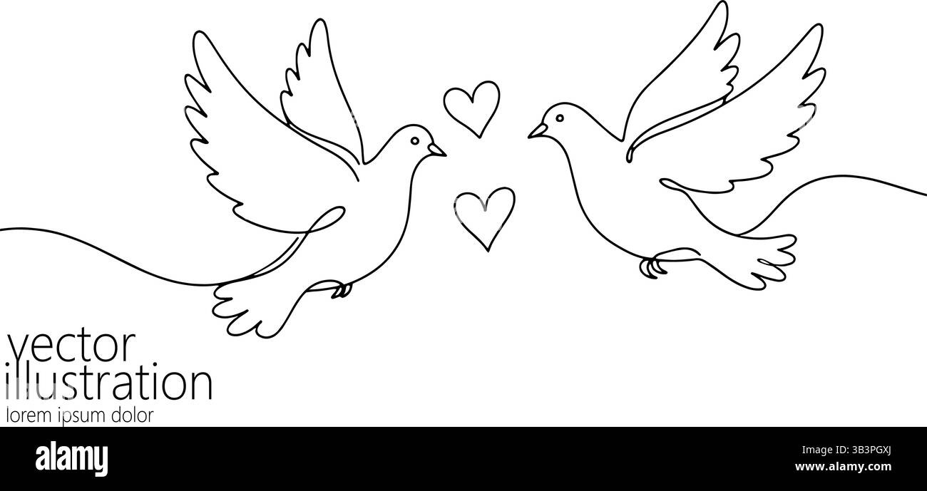 Two doves face each other with hearts. Birds fly graceful minimalist ...