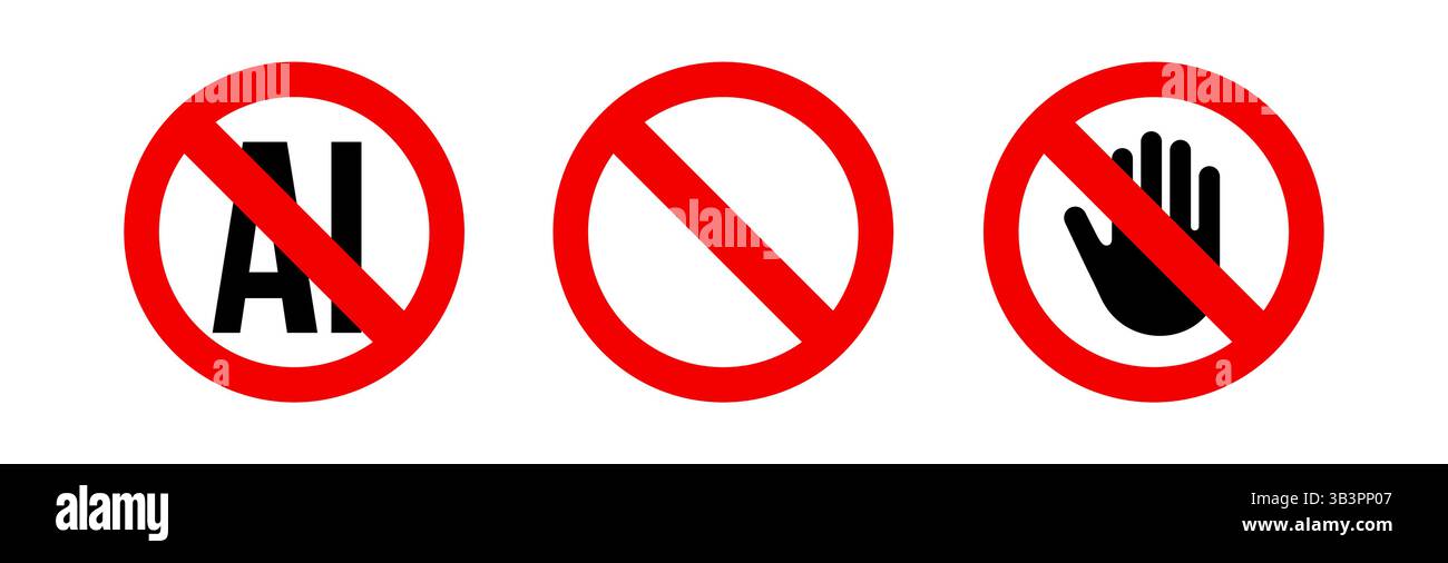 Prohibited AI signs set, red crossed out symbols with hand, stop and ...