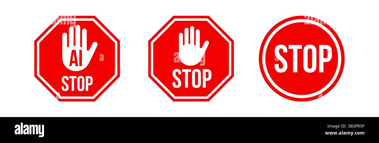 Set Of Red Stop Signs With Hand Symbol And AI Text, Concept For ...