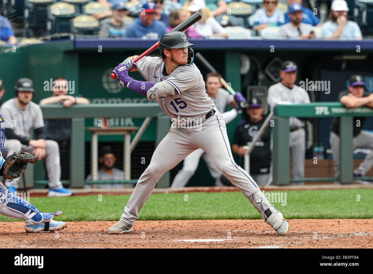 Kansas City, MO, USA. 24th Apr, 2025. Colorado Rockies catcher Hunter ...