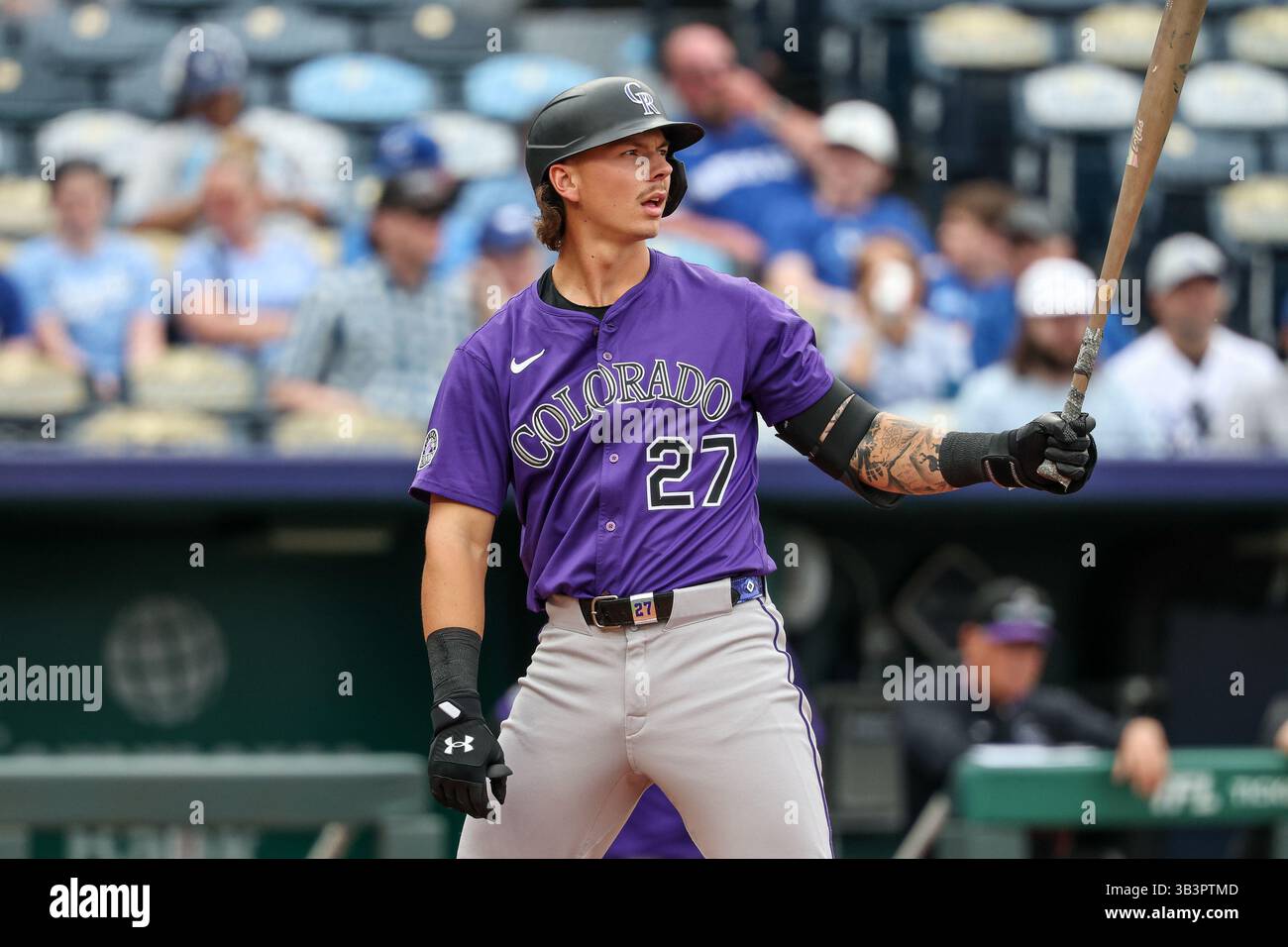 Kansas City, MO, USA. 24th Apr, 2025. Colorado Rockies left fielder ...