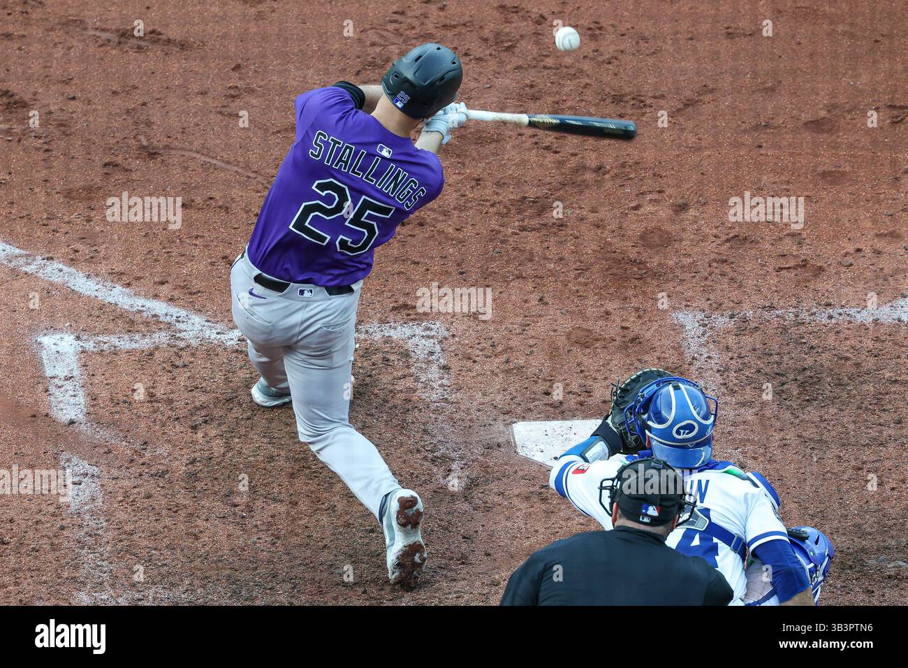 April 24, 2025: Colorado Rockies catcher Jacob Stallings (25) bats ...