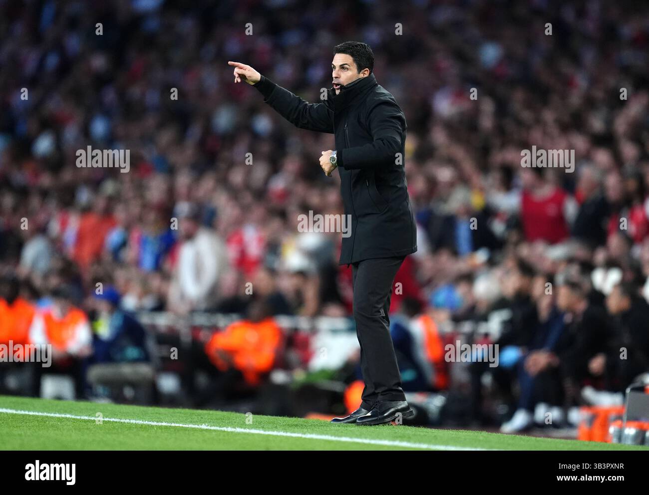 Arsenal manager Mikel Arteta gestures on the touchline during the UEFA ...