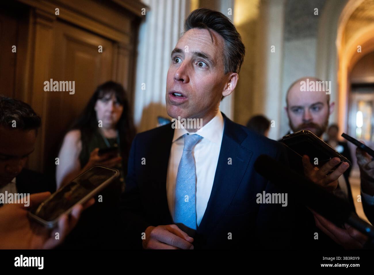 UNITED STATES - APRIL 29: Sen. Josh Hawley, R-Mo., talks with reporters ...