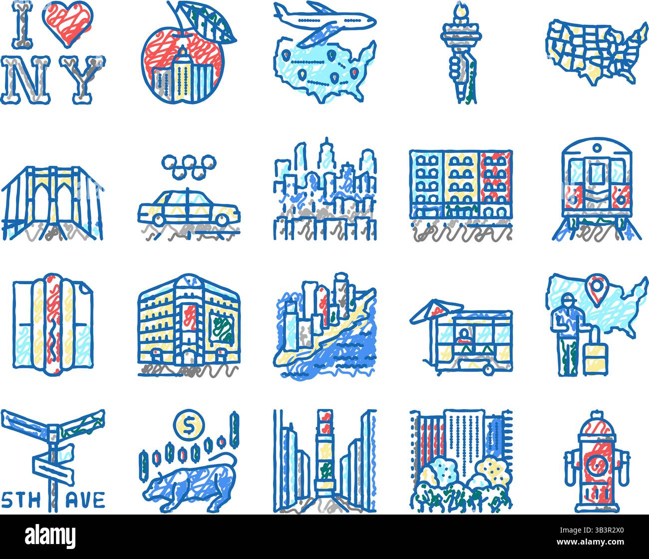 New York American City Landmarks doodle icons set vector. Square 5th ...