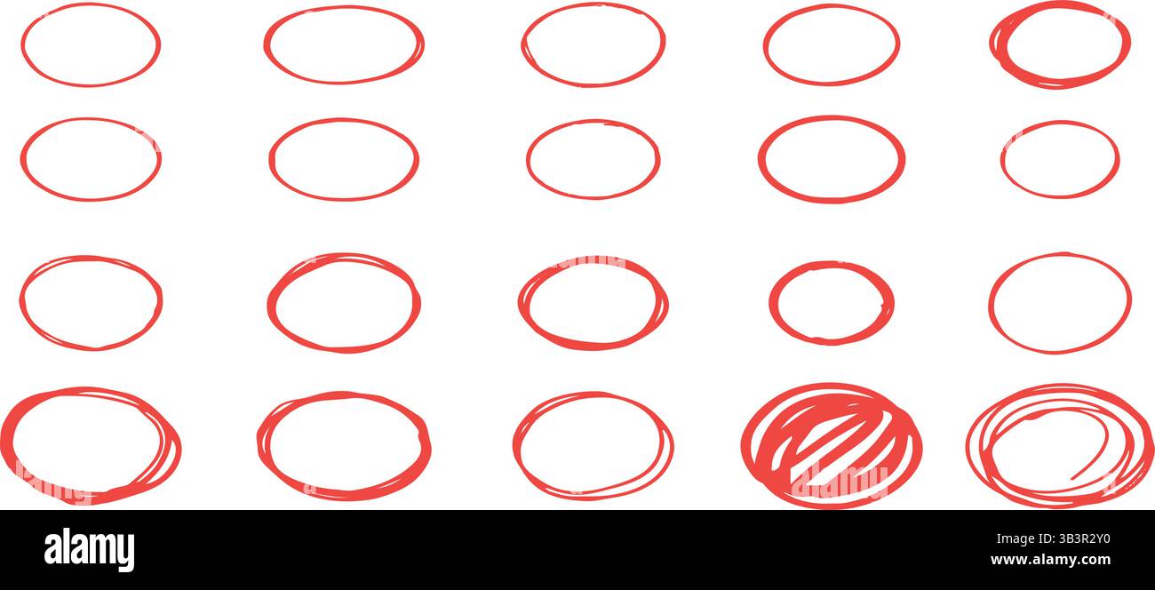 Hand Drawn Red Circle Frames Set - Sketchy Oval Highlights, Doodle Border Elements, Rough Drawn ...